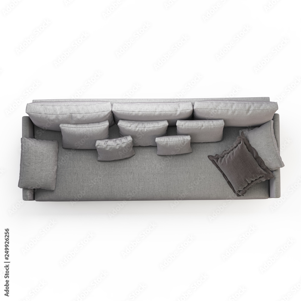 Three-seater sofa with pillows on a white background top view 3d ...