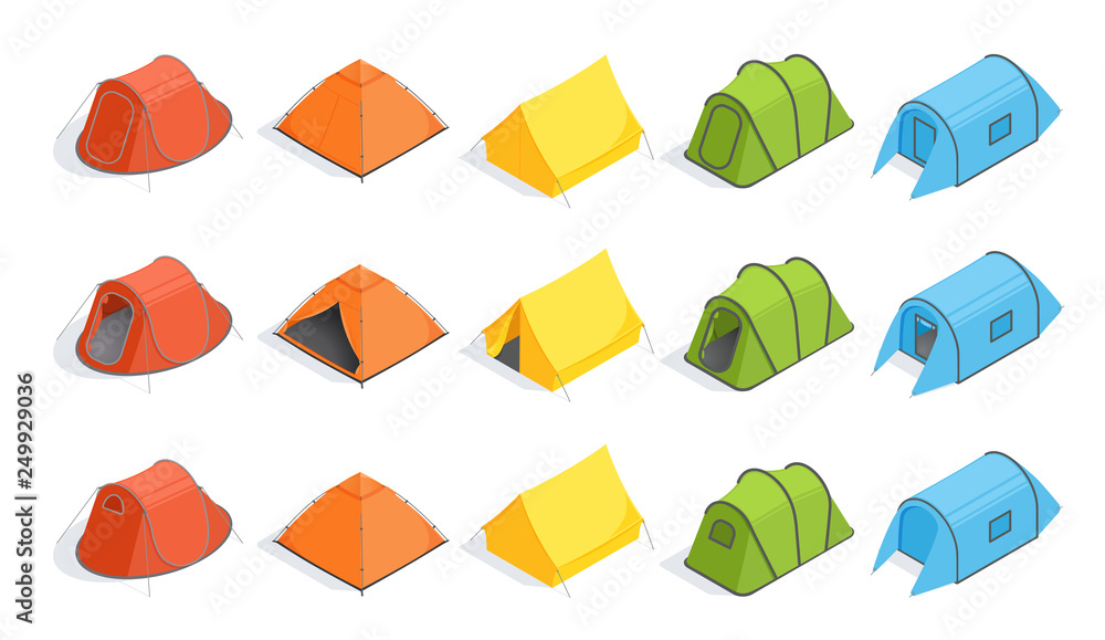 isometric image on white background, types of camping tents, set of ...