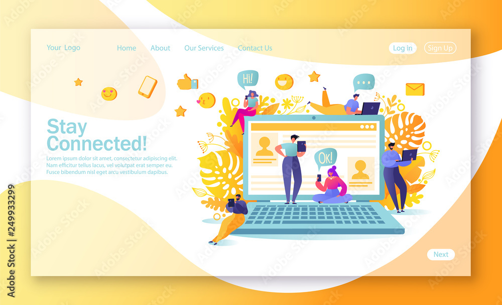 Landing page design on social media network theme. Man and woman ...