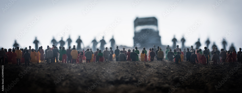 Captured by enemy concept. Military silhouettes and crowd on war fog ...