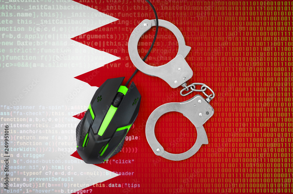 Bahrain flag and handcuffed computer mouse. Combating computer crime ...