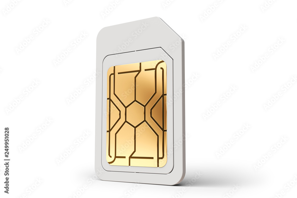 One white sim card standing isolated on white background. 3D rendering ...