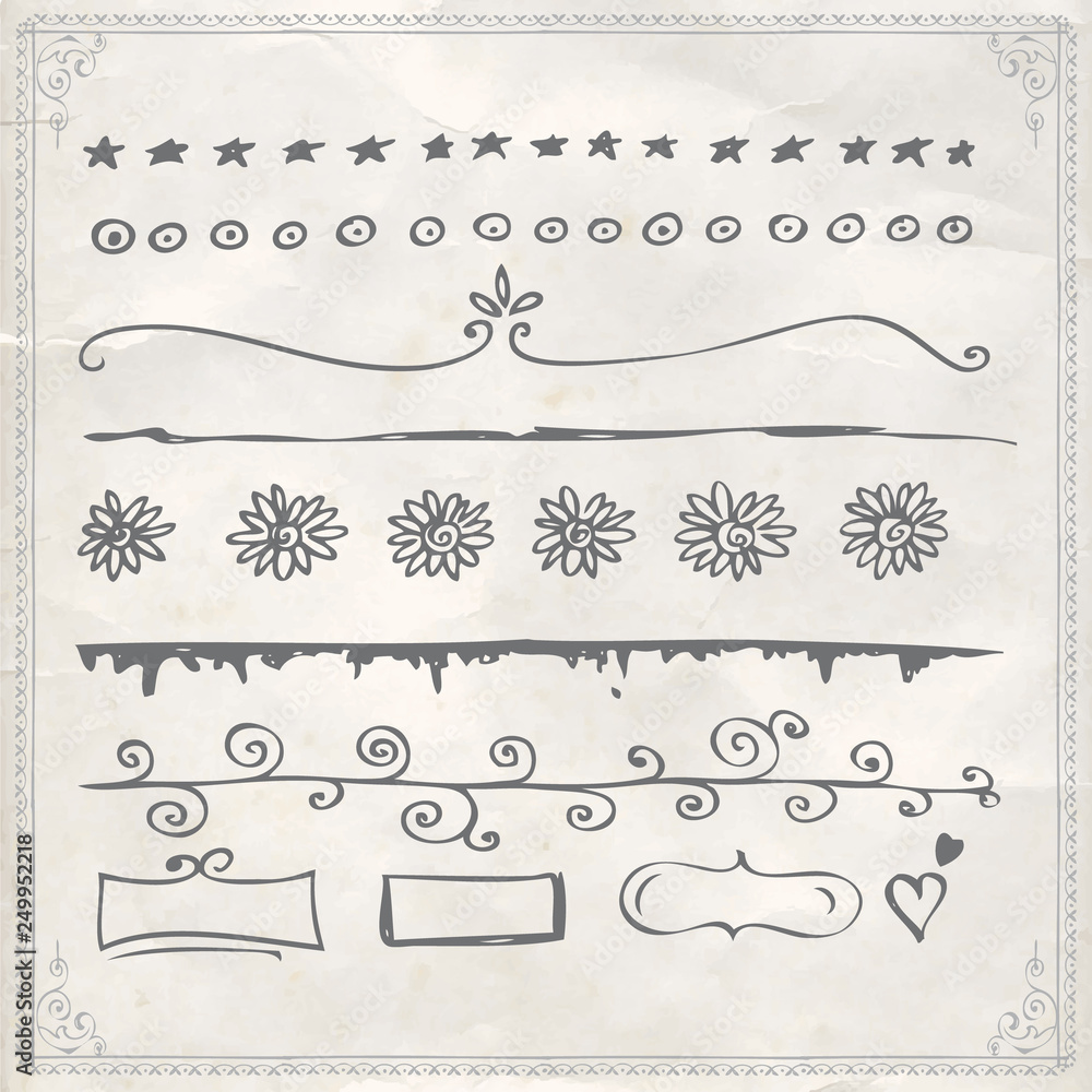 Hand drawn line border frame design elements set Stock Vector | Adobe Stock