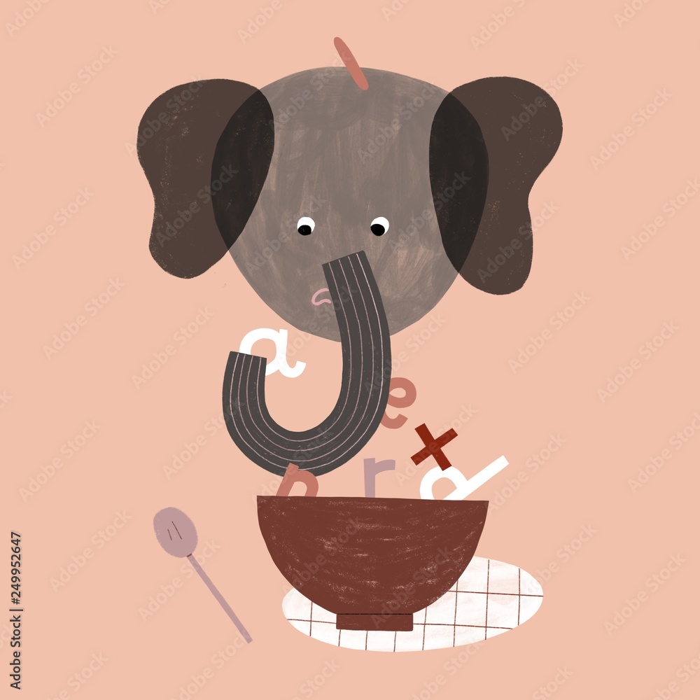 Sad elephant eating letter soup Stock Illustration | Adobe Stock