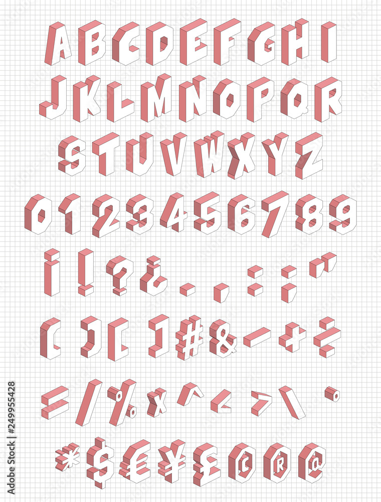 Isometric alphabet with letters, numbers, orthographical and ...