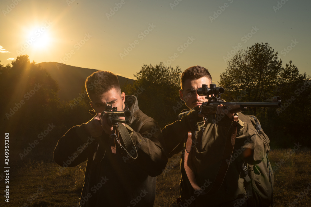 Rifle Hunter Silhouetted in Beautiful Sunset. Most realistic hunting ...