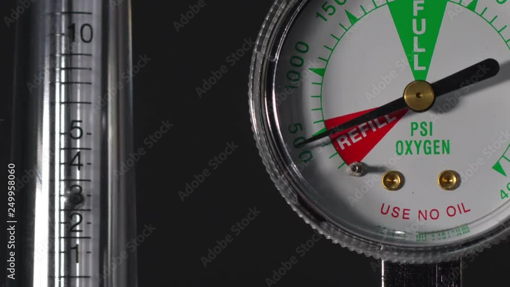 Close-up of medical oxygen flow meter shows low oxygen or an nearly ...