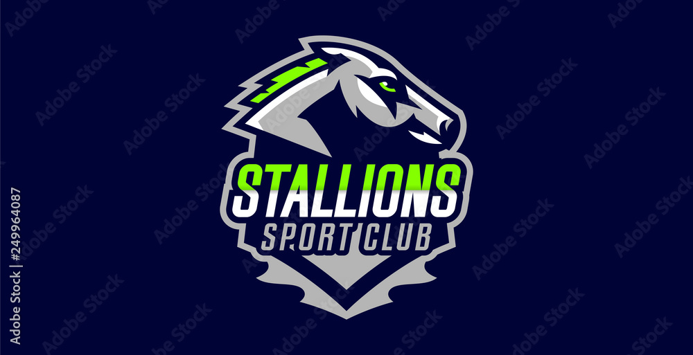 Horse logo. Sports logos of horses, racing stallions. Shield, text ...