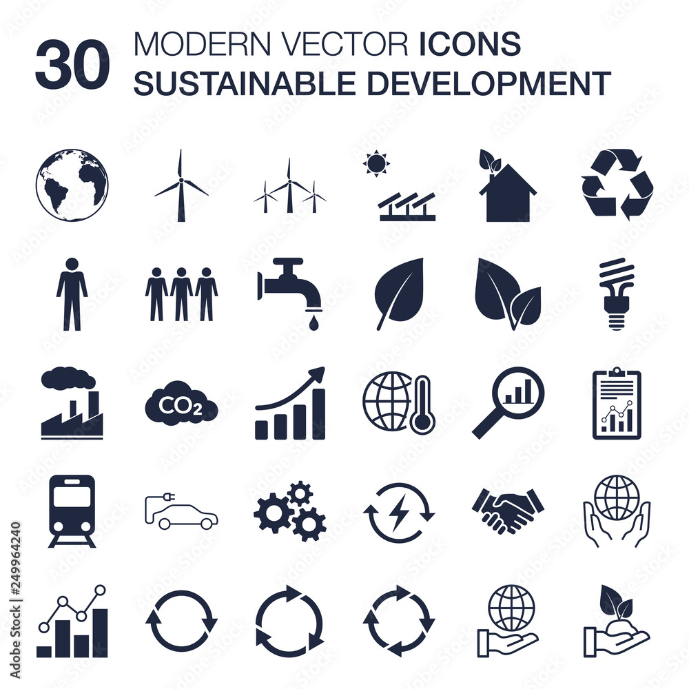 Sustainable development icons set (ecology, renewable energy, global ...