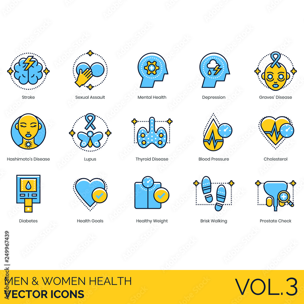 Men and women health icons including stroke, sexual assault, mental ...