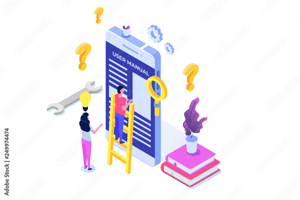 User manual isometric concept. People with guide instruction are ...