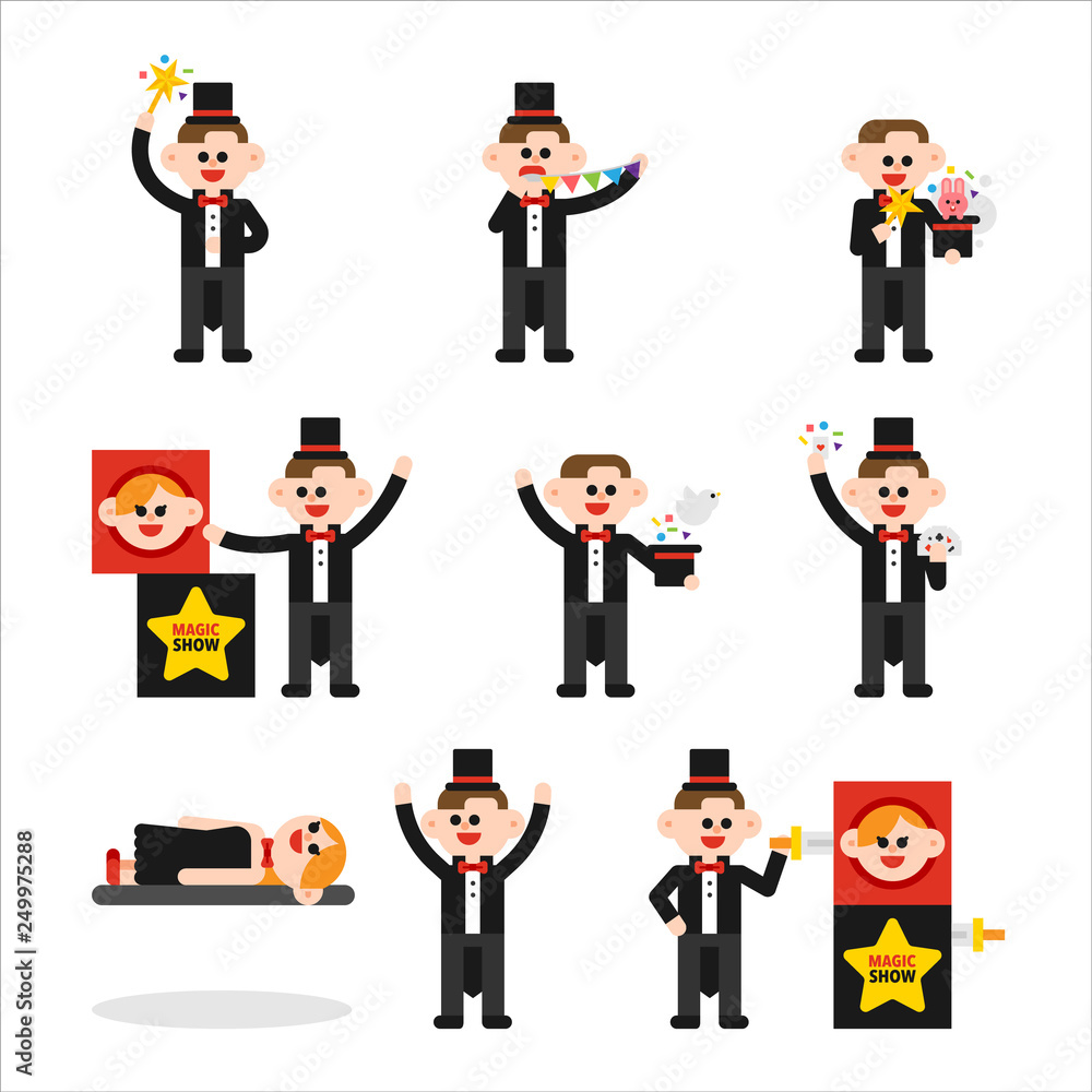 Wizard character showing various magic. flat design style minimal ...