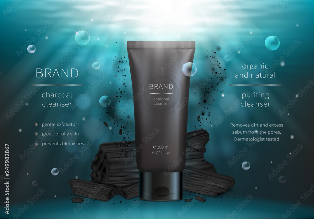 Charcoal face wash vector realistic cosmetic ads poster. Plastic tube ...