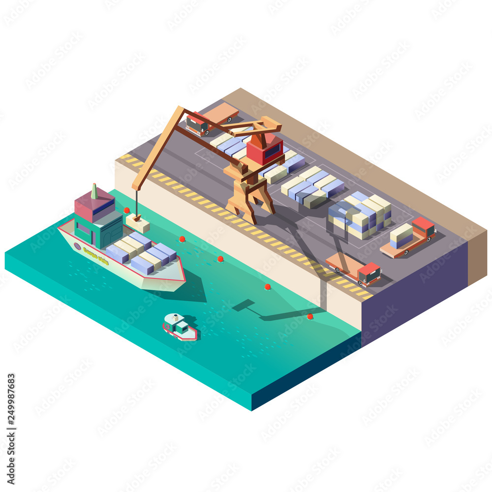 Sea port isometric vector icon with handling gantry crane on quay ...
