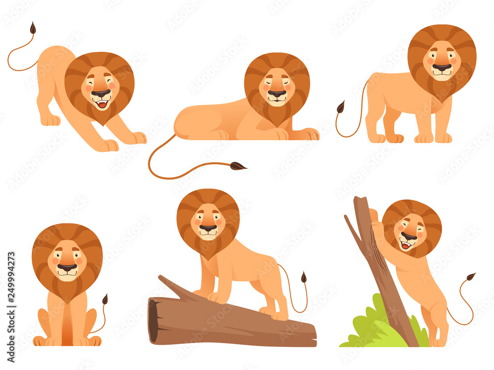 Lion cartoon. Wild jungle animal pride happy safari vector characters ...