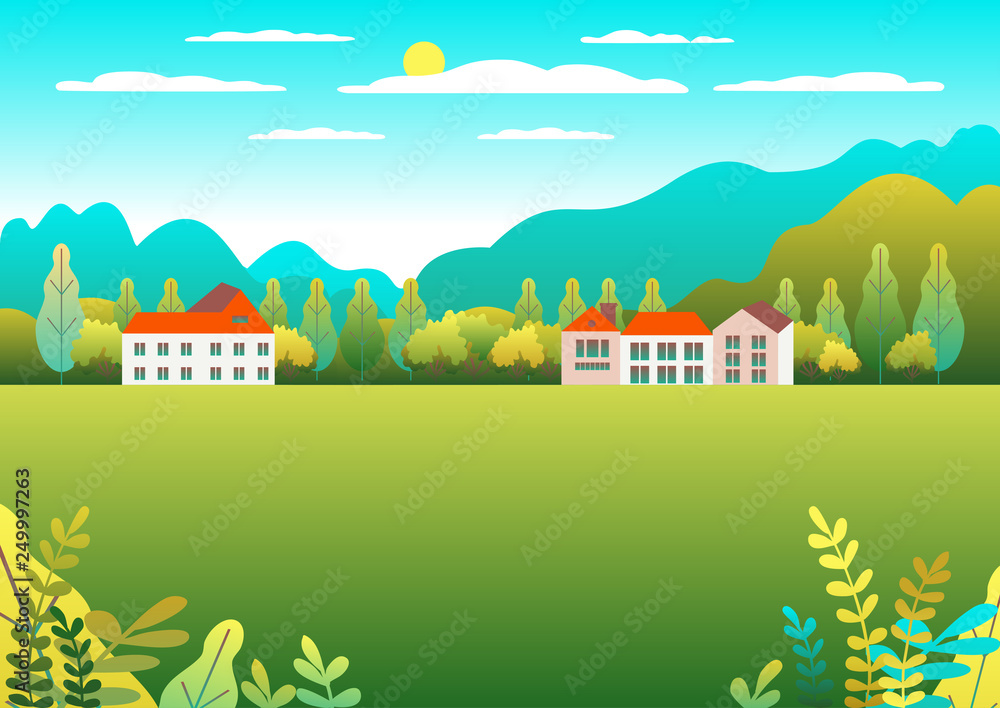 Rural valley Farm countryside. Village landscape with ranch in flat ...