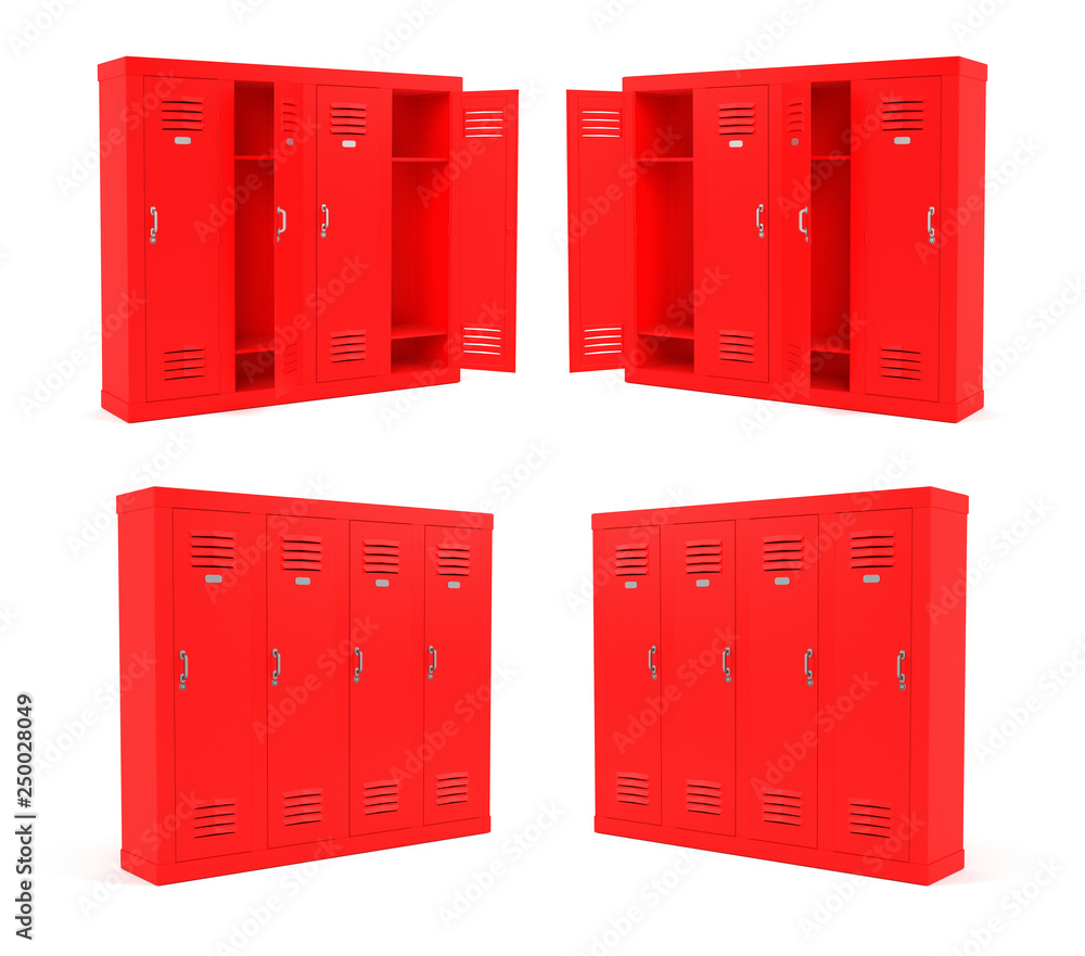 Red lockers. Set with different view pointm with open and closed doors ...