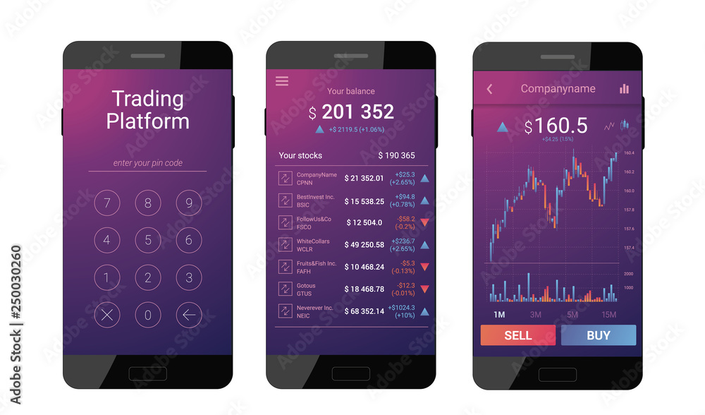 Trading mobile interface for stock exchange. Different screens. Modern ...