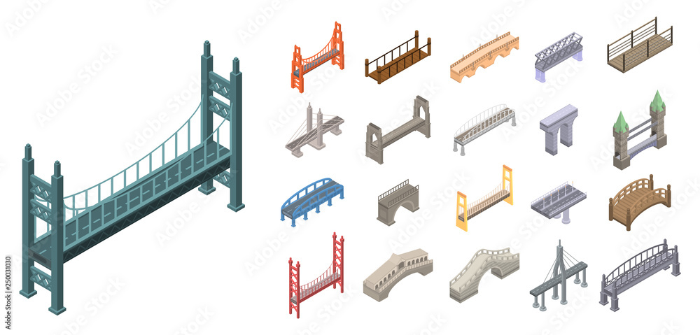 Bridges icons set. Isometric set of bridges vector icons for web design ...