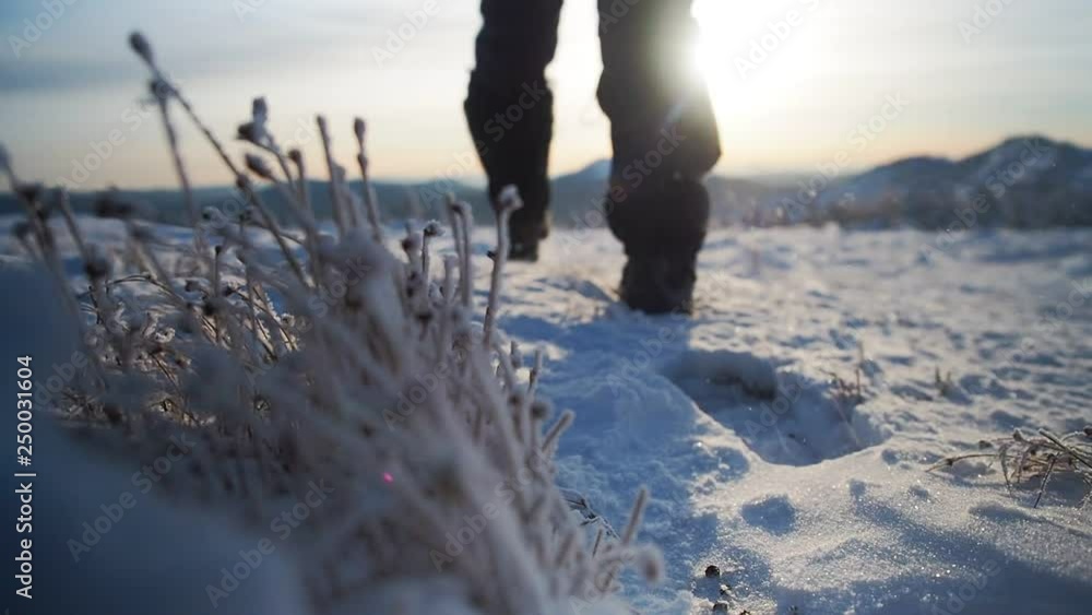 Foot feet steeps. Hiking walking snow winter landscape. Recreation ...