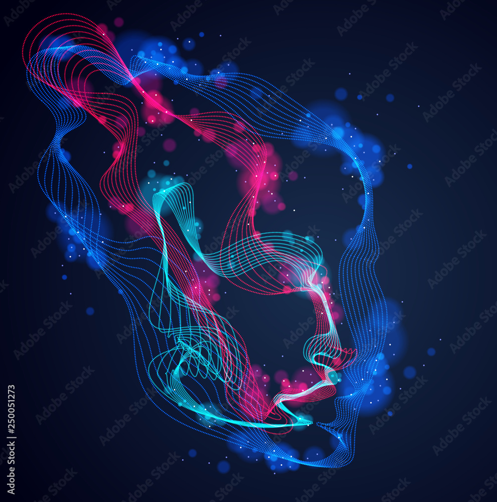 Abstract artistic human head portrait made of dotted particles array ...