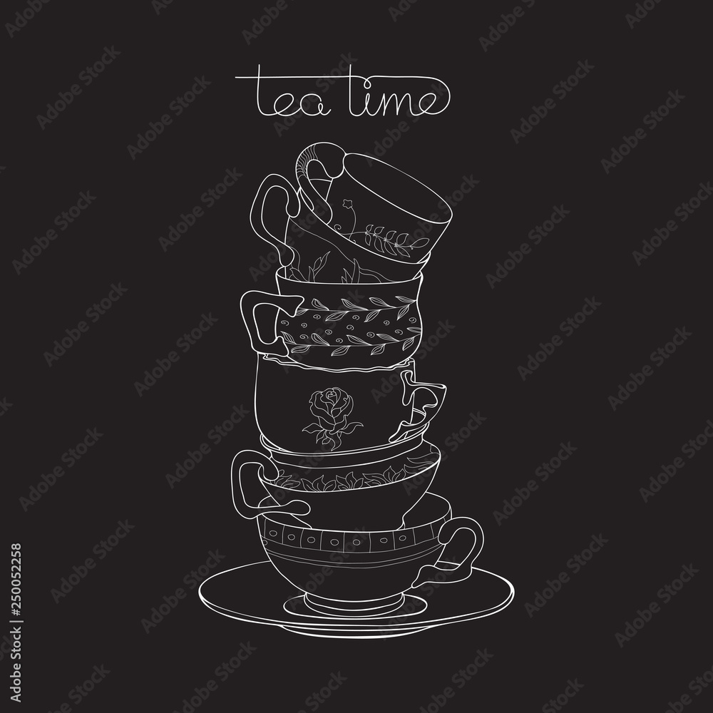 Tea time. Freehand drawing with stacked teacups. Vector. Stock Vector ...