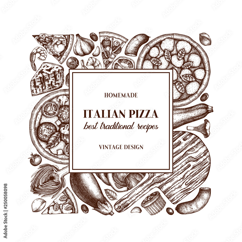 Vector round design with hand drawn pizza ingradients sketches. Vintage ...
