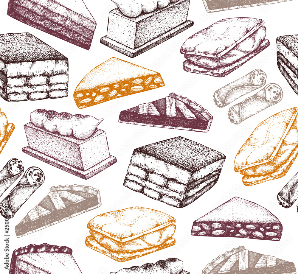 Italian desserts background. Vector cakes, cookies and pastries ...