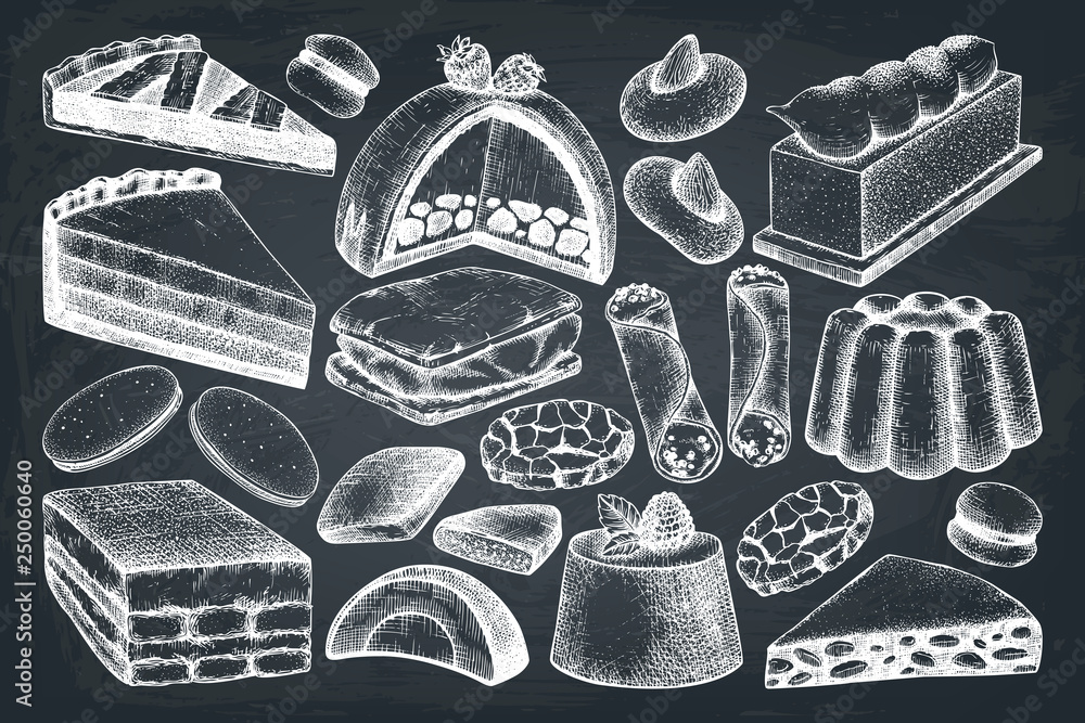 Hand drawn baking and pastries illustrations. Vector Italian desserts ...