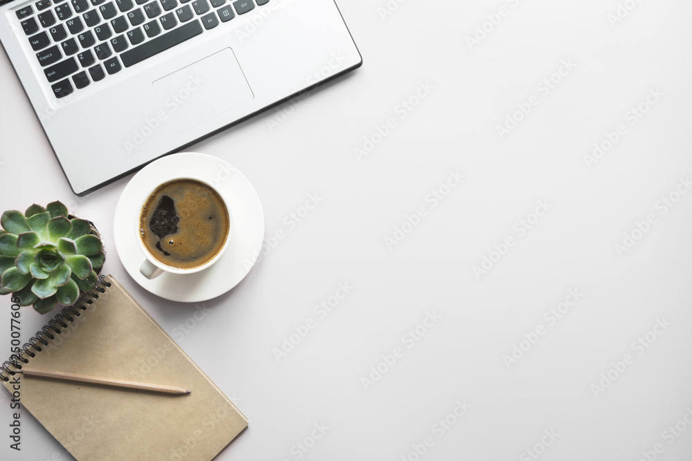 Open laptop, planning and cup of coffee. Top view with copy space ...