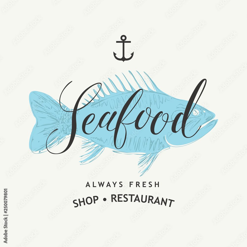 Vector banner or menu for seafood restaurant or shop with decorative ...