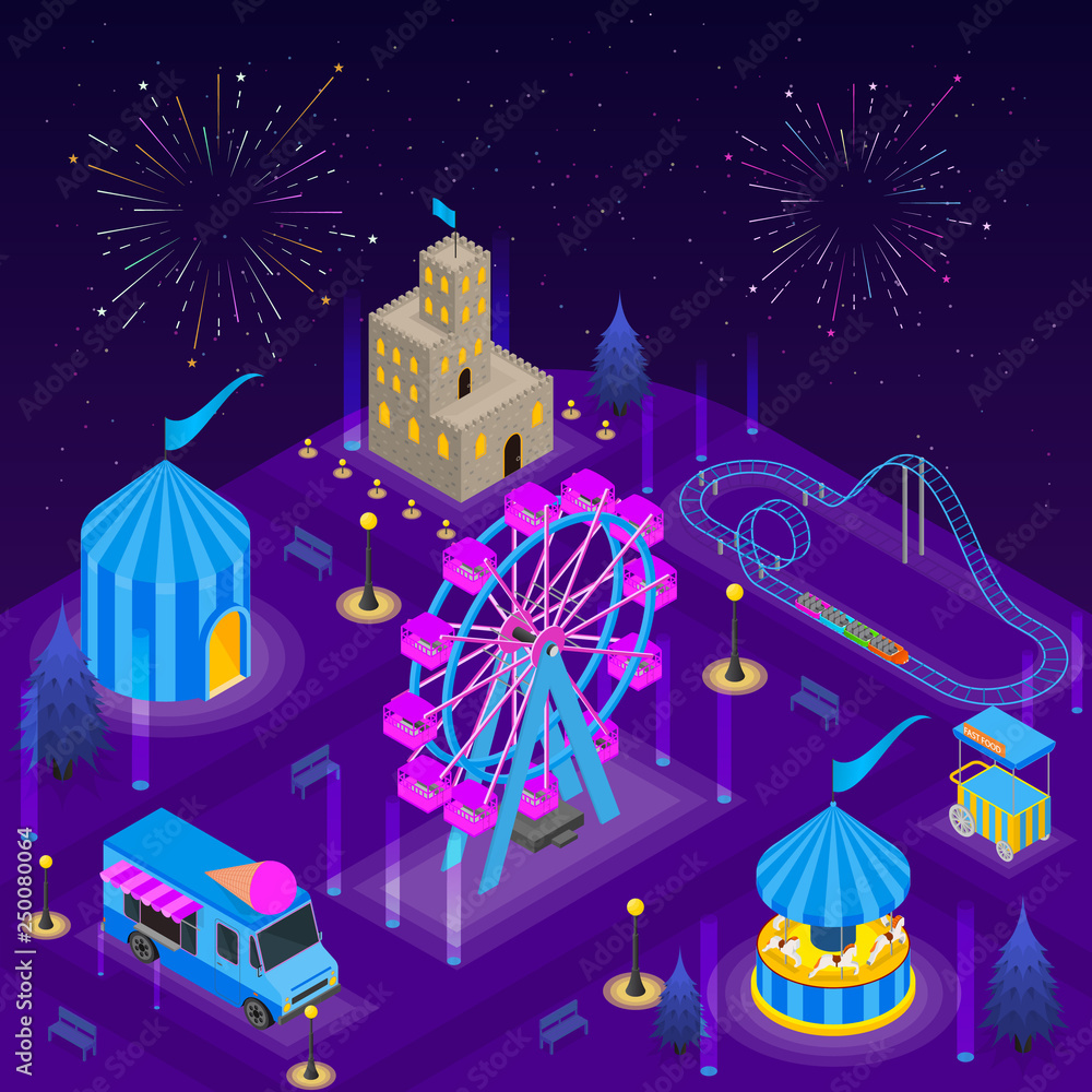 Amusement Park Card Poster Concept 3d Isometric View. Vector Stock ... Amusement Park Card Poster Concept 3d Isometric View. Vector Stock ...