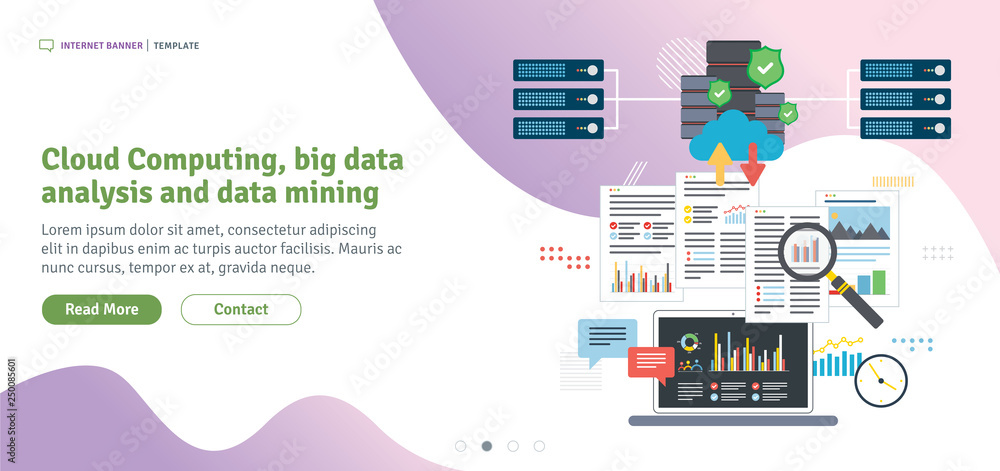 Cloud Computing, big data analysis and data mining. Laptop accessing ...