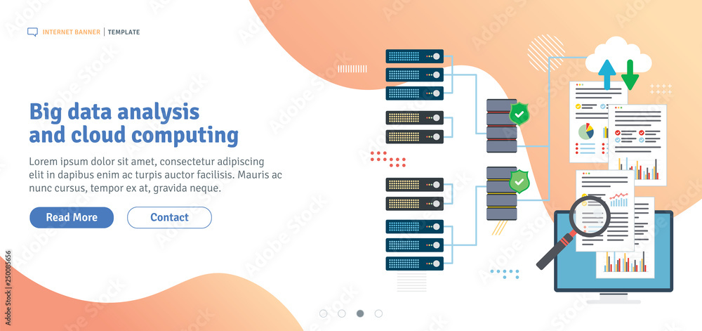 Big data analysis and cloud computing. Laptop accessing data from cloud computers. Data network ...