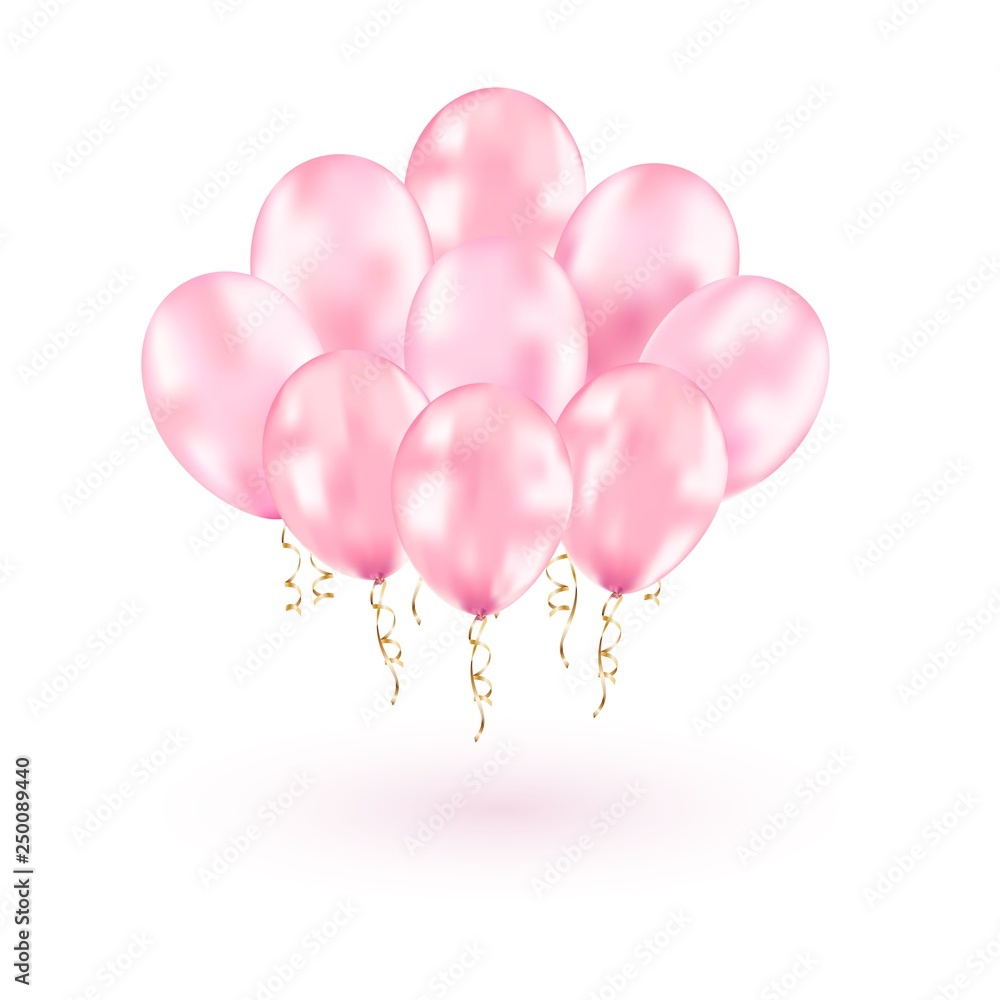 Set of realistic glossy pink ballons isolated in the air on white ...