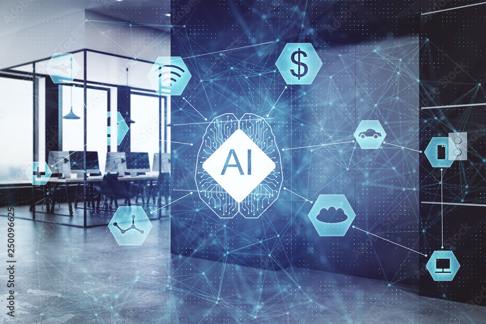 AI (Artificial Intelligence) concept. deep learning. Double exposure ...