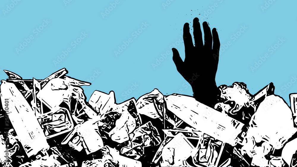 Illustration of a garbage mountain with a drowning hand. Waste in ...
