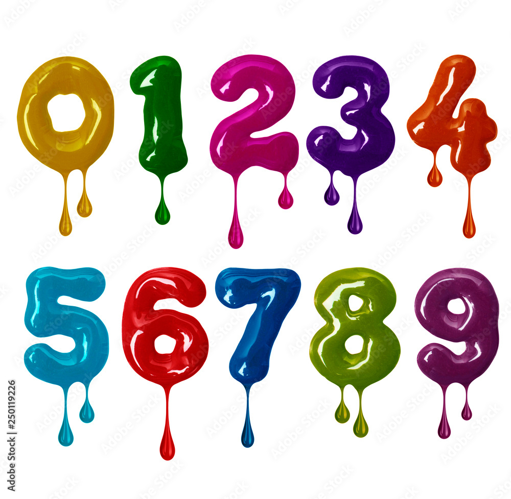 Thick numbers made of colorful glaze with falling drops in high ...