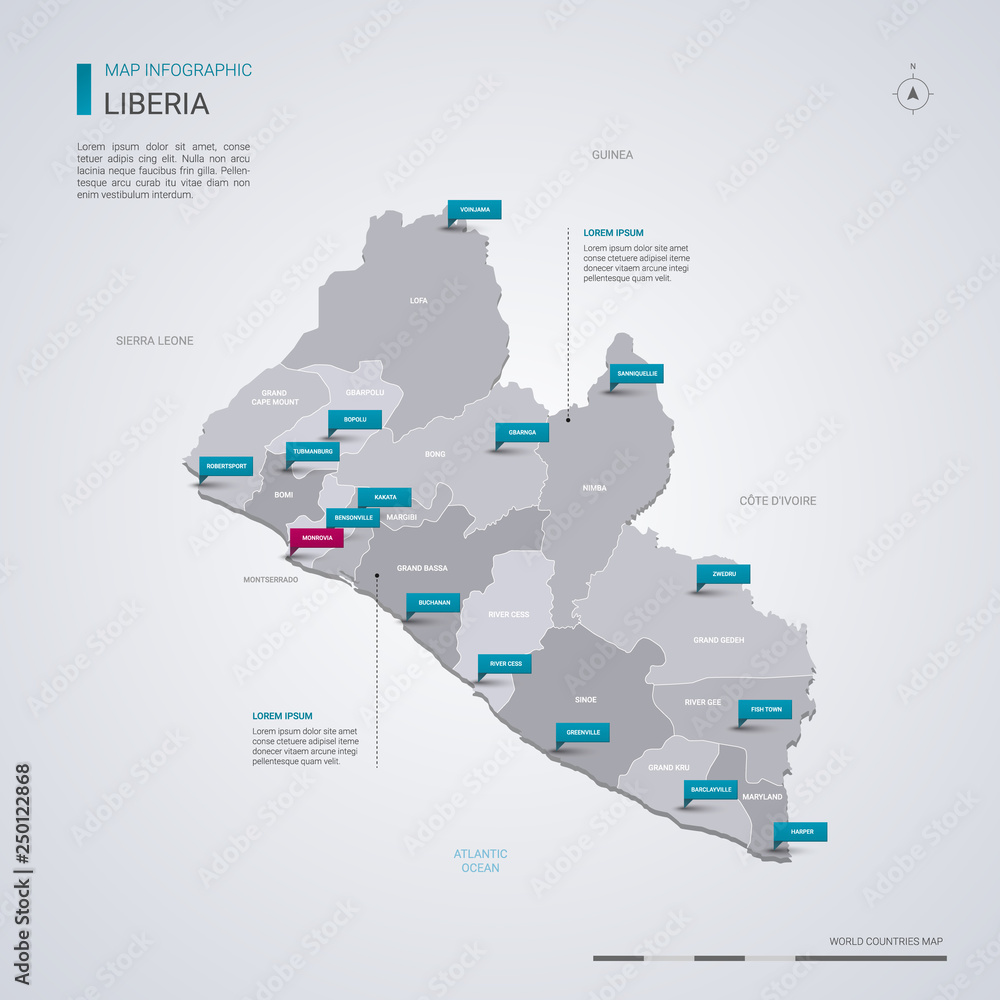 Liberia vector map with infographic elements, pointer marks. Stock ...
