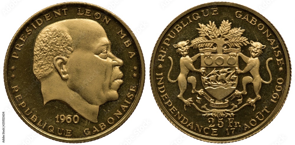 Gabon Gabonese golden coin 25 twenty five francs 1960, subject ...