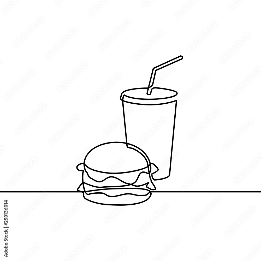 Continuous one line drawing. burger. restaurant or cafe logo. sticker ...
