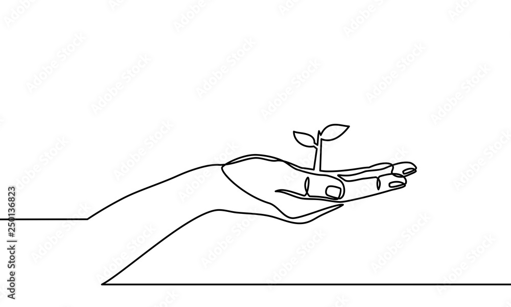 Continuous one line drawing. hand showing growing plant. Black and ...