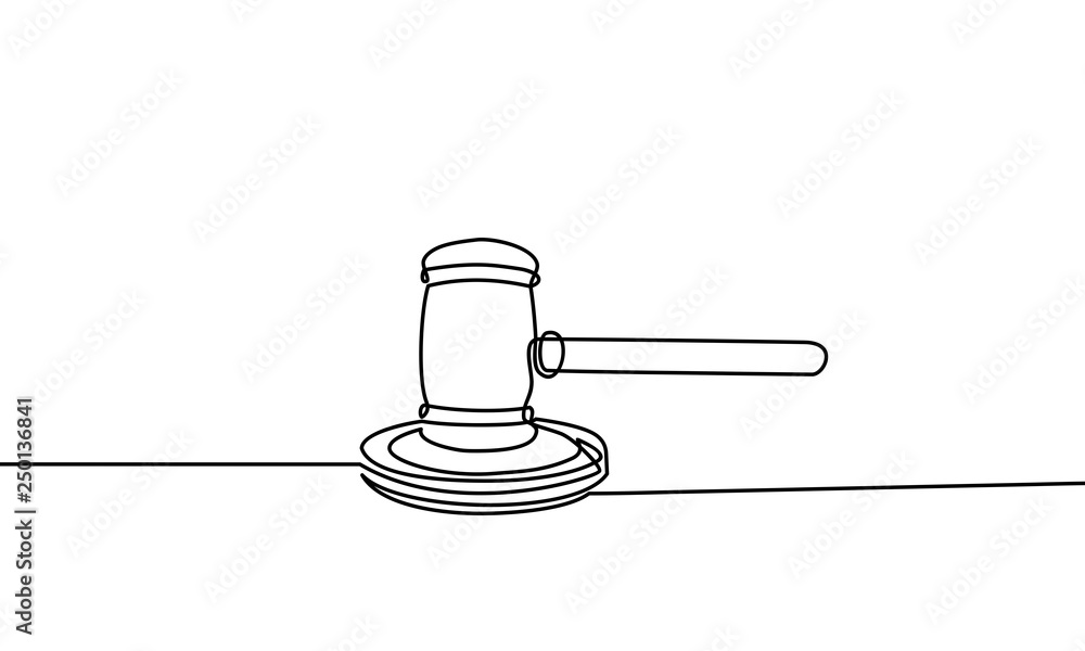 Continuous line drawing of hammer judge on Black and white background ...