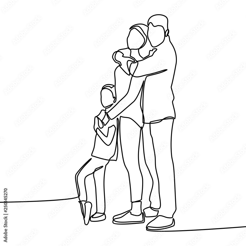Continuous line drawing of happy family father, mother and one child ...