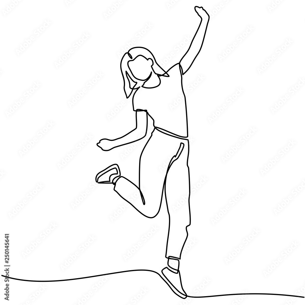 Continuous line drawing of woman happy jumping in air. Vector Stock ...