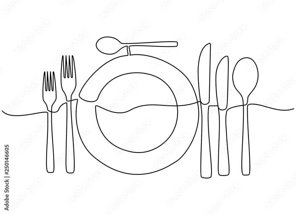 Continuous one line drawing. Fork, spoons, knife plates and all eating ...