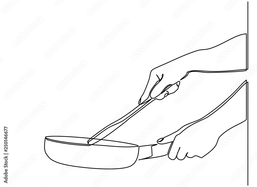 continuous line drawing of Side view of chef hand holding a frying pan ...