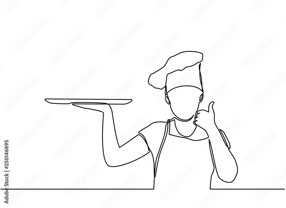 continuous line drawing of chef cooks or makes bread, toque chef hats ...