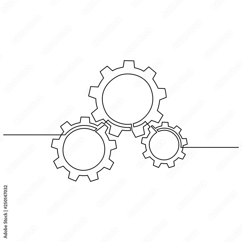 Continuous line drawing of gears wheel. Gears are drawn by a single ...
