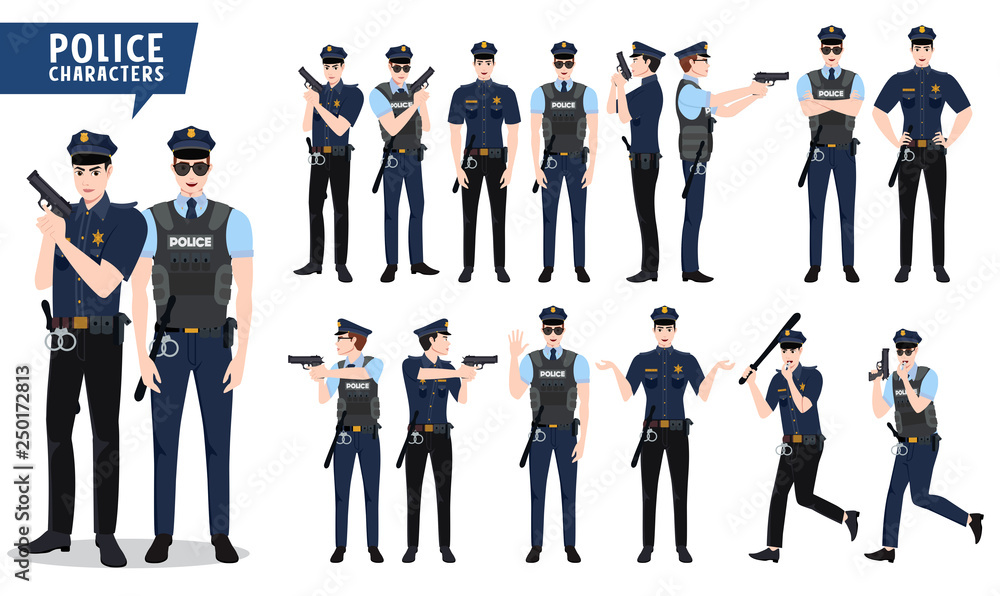 Police vector character set. Policeman characters holding gun in ...